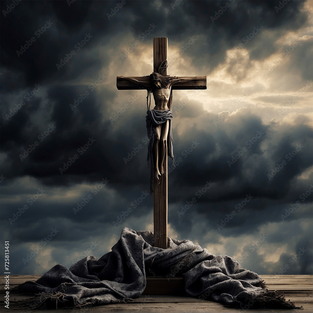 Good Friday concept wooden cross draped in mourning cloth set against a ...