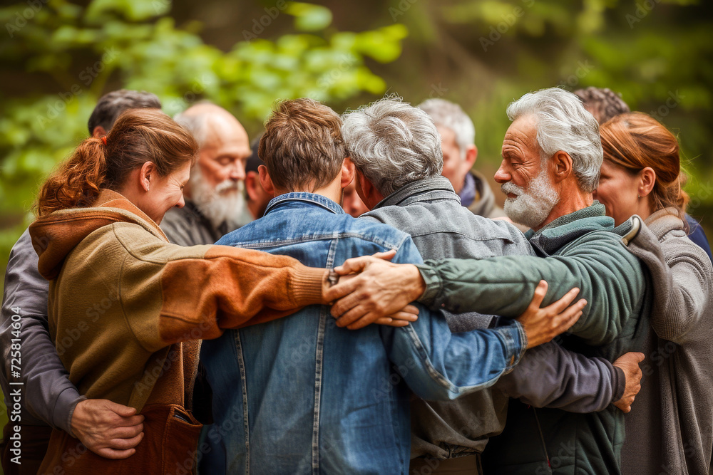 A diverse group of adults huddling together in a supportive embrace ...