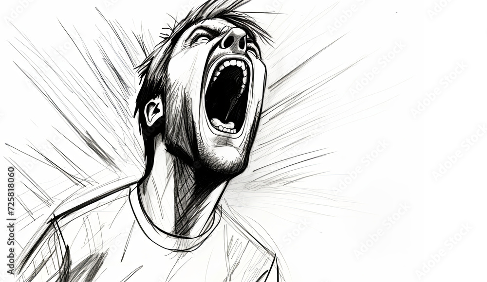 man shouting in anger. black and white drawing illustration on white ...