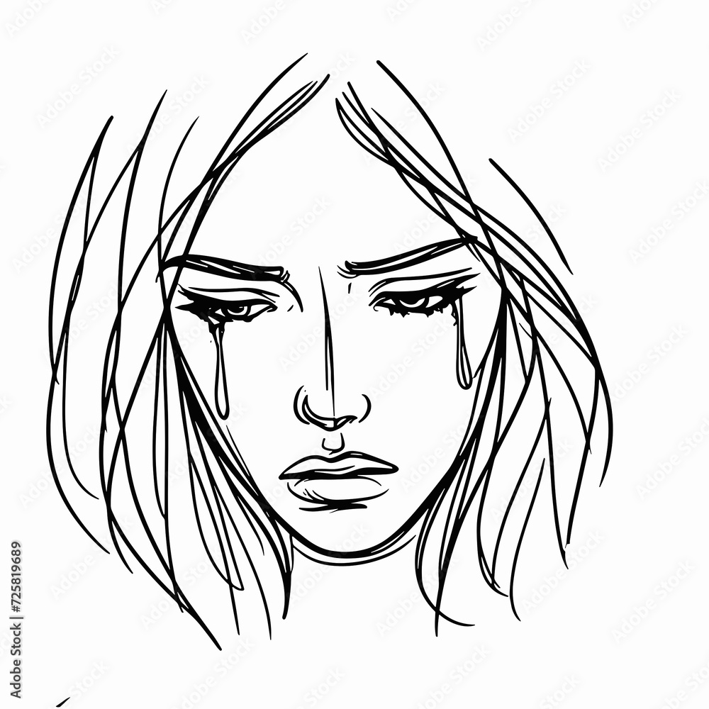 User Monochrome Sadness: Line Art of a Crying Girl with a Broken Heart ...