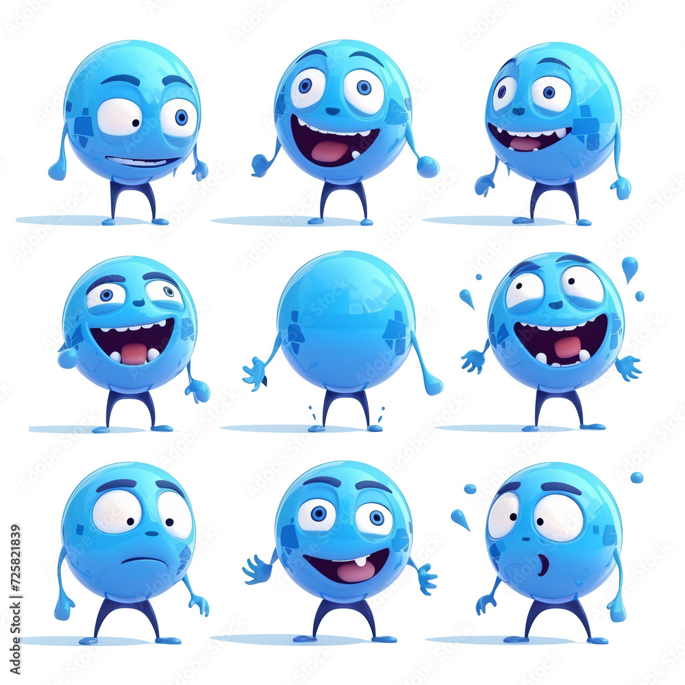 Set of cute blue circle characters with multiple expressions and poses ...