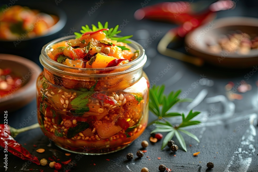 Traditional Andhra homemade mango pickle in a traditional south Indian ...