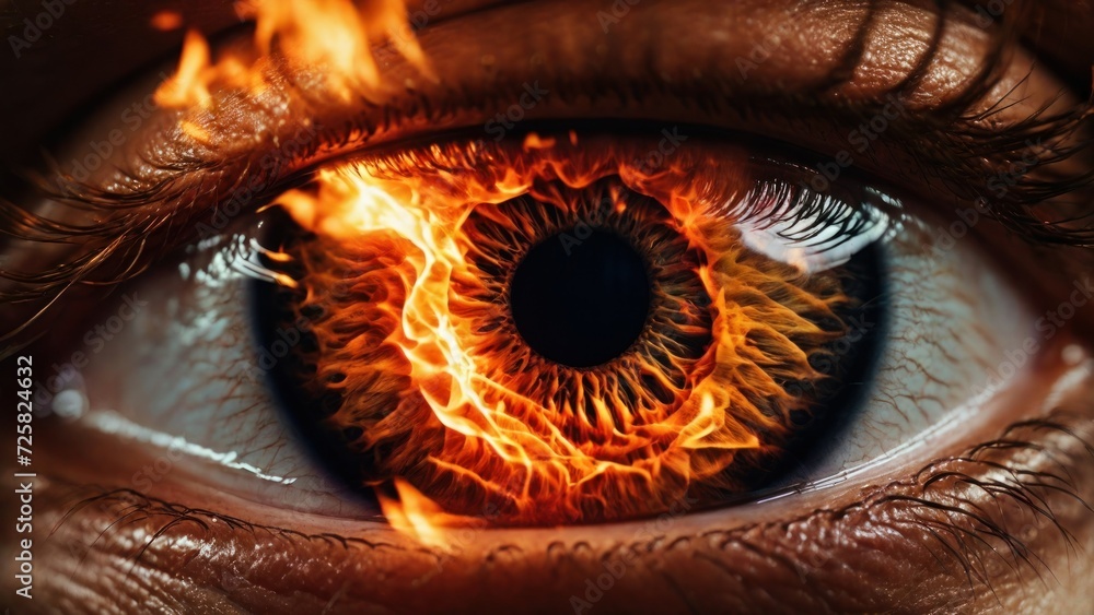Extreme close-up of a beautiful person eye in flames , burning glowing ...