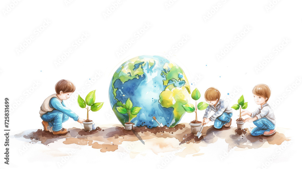 The concept of Happy Earth Day. Cartoon characters planting seedlings ...