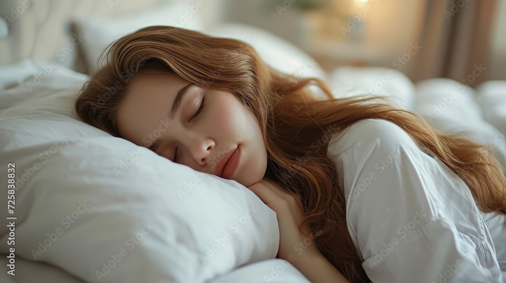 beautiful young girl sleeping in bed, pillow, blanket, lifestyle ...