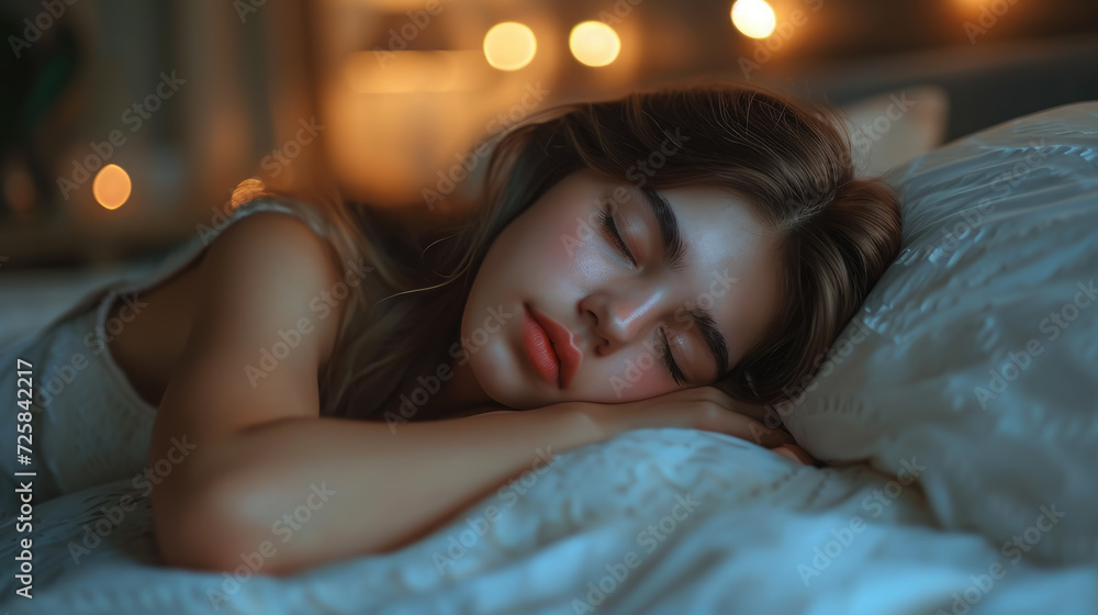 beautiful young girl sleeping in bed, pillow, blanket, lifestyle ...