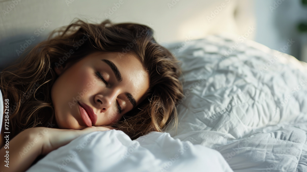 beautiful young girl sleeping in bed, pillow, blanket, lifestyle ...
