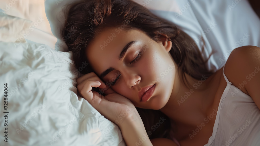 beautiful young girl sleeping in bed, pillow, blanket, lifestyle ...