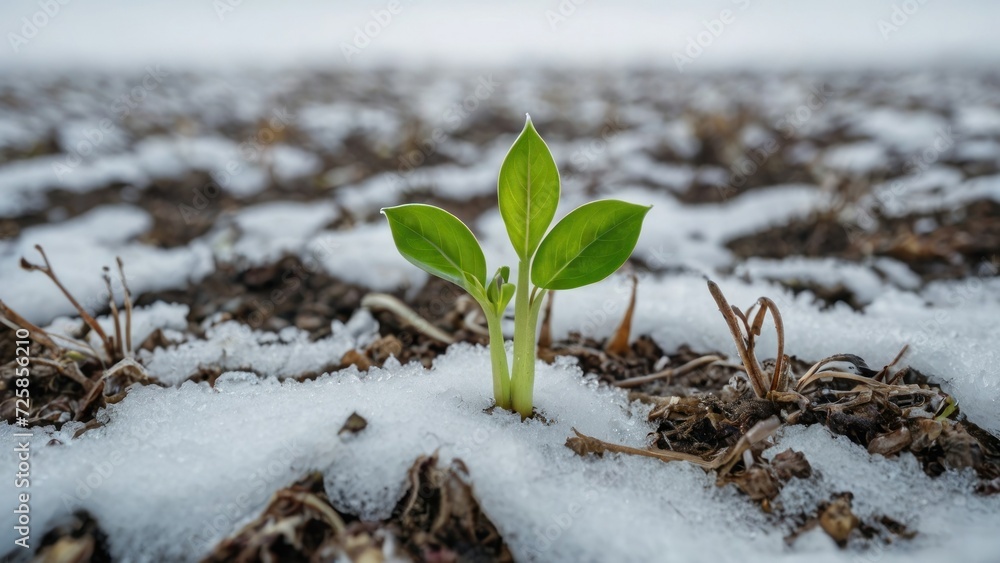 Young green sprout emerging from snowy frozen ground announcing end of ...