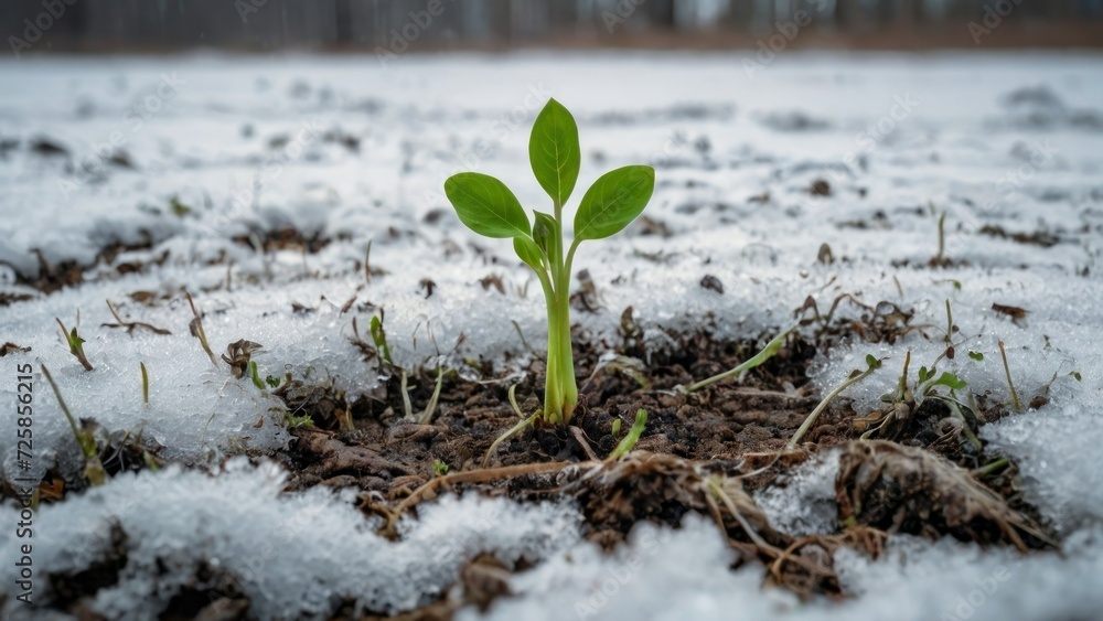 Young green sprout emerging from snowy frozen ground announcing end of ... Young green sprout emerging from snowy frozen ground announcing end of ...