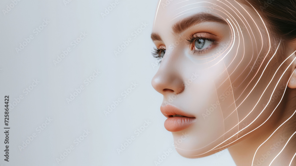 Beauty, technology and facial recognition for skincare with a woman in ...