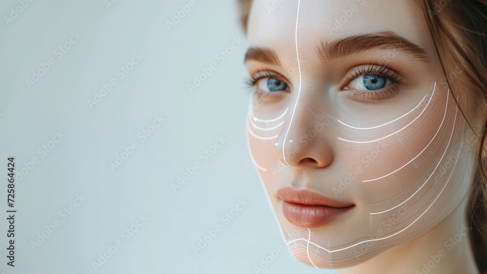 Beauty, technology and facial recognition for skincare with a woman in ...