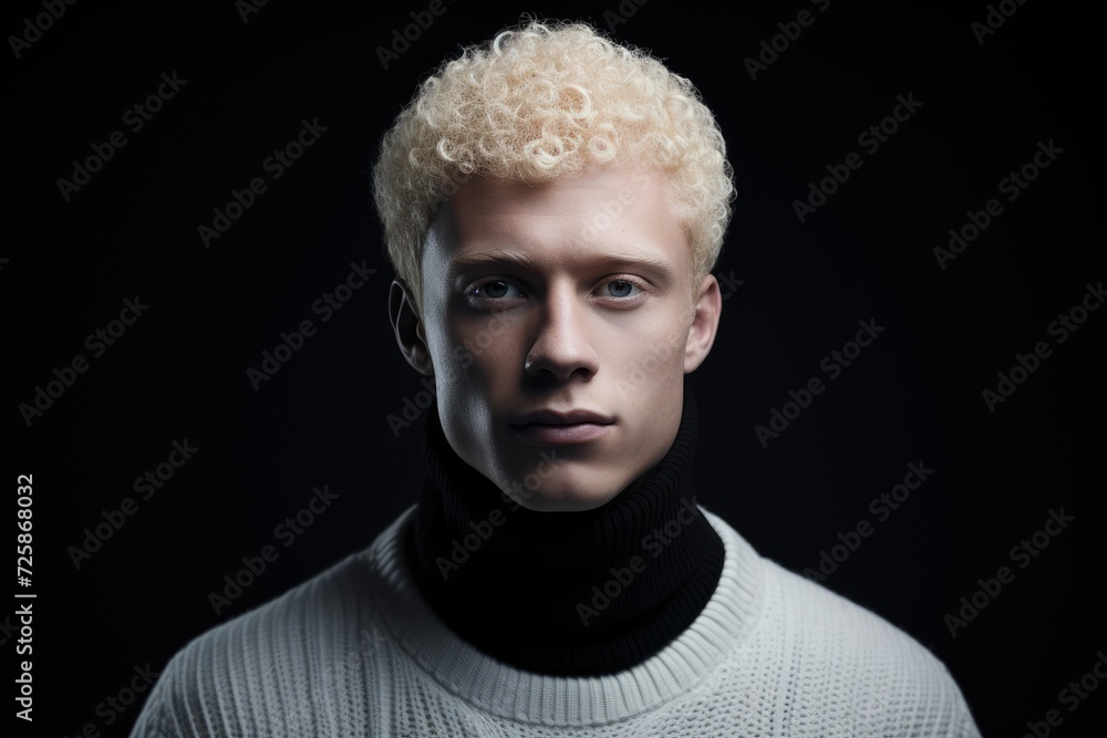 serene young albino man with tight curls, featuring a stark contrast ...