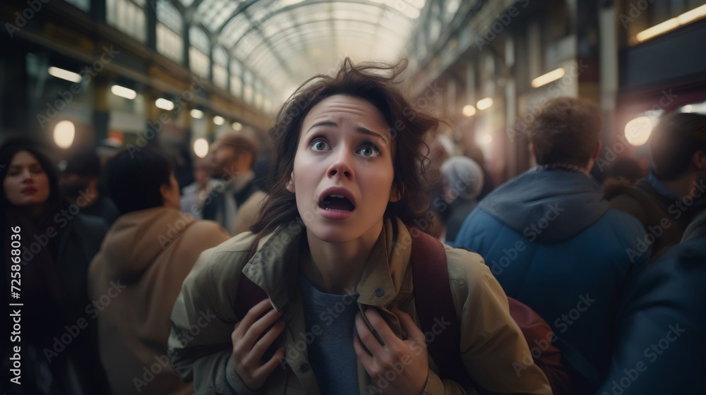 Caucasian woman experiencing panic attack in public crowded place ...