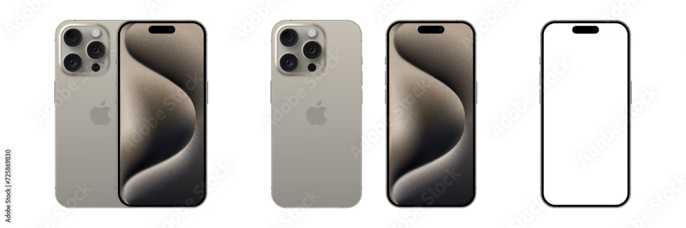 iPhone 15 Pro Natural Titanium. Front and back view. Vector. Stock ...