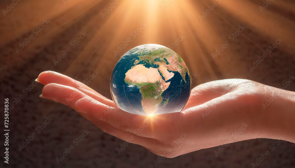 A small terrestrial globe on the palm of a hand with a faint radial ...