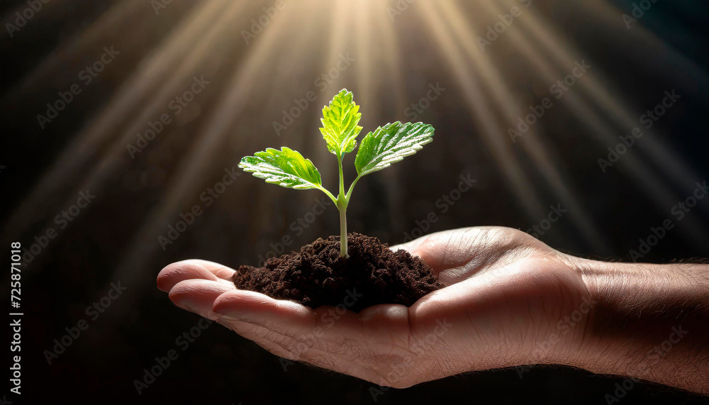 A small green plant grows on the palm of the hand with faint radial ...