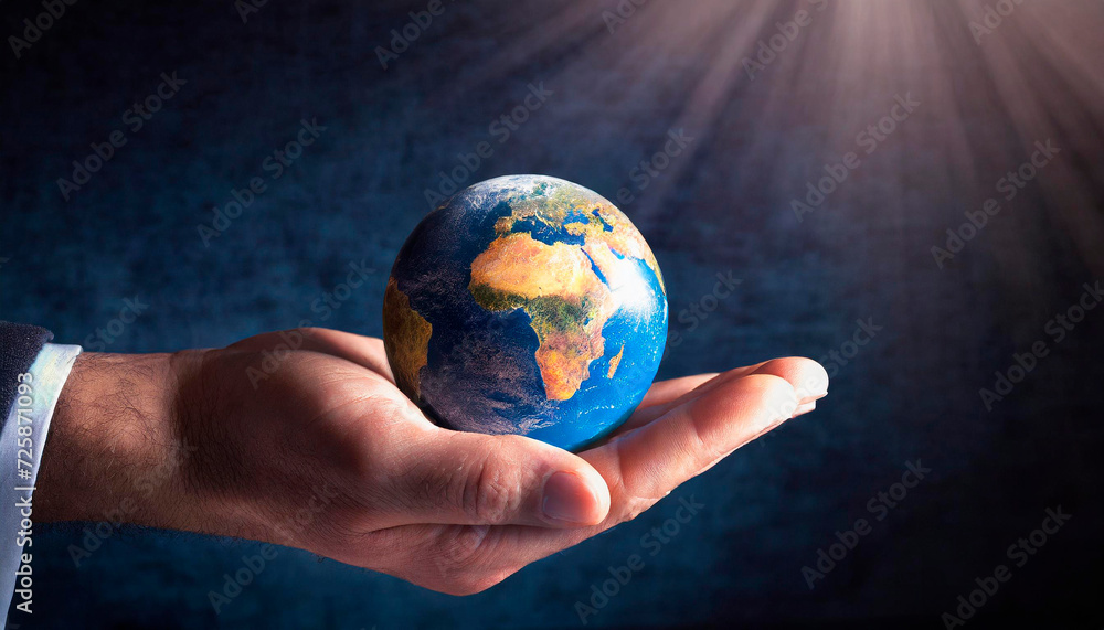 A small terrestrial globe on the palm of a hand with a faint radial ...