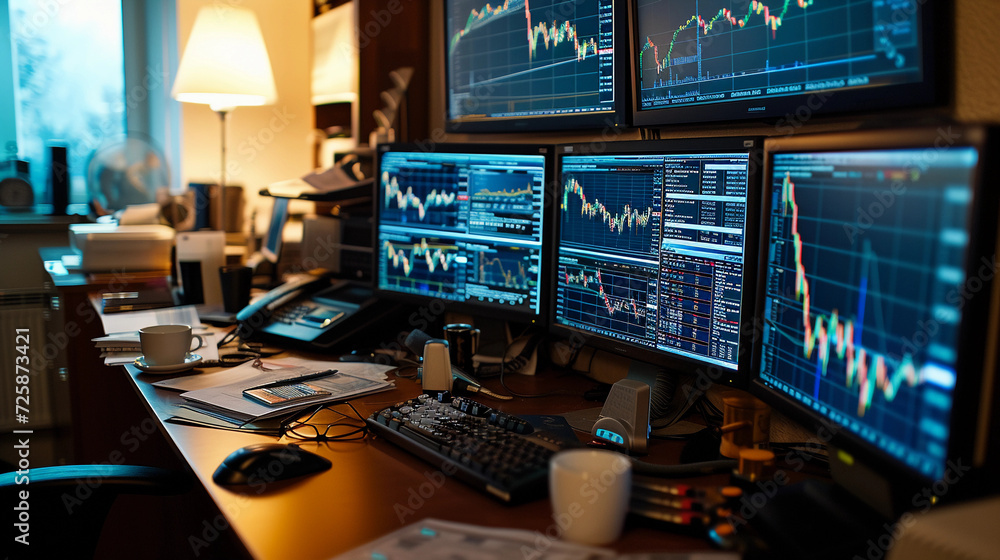 financial analyst's home office, multiple monitors on a desk showing ...