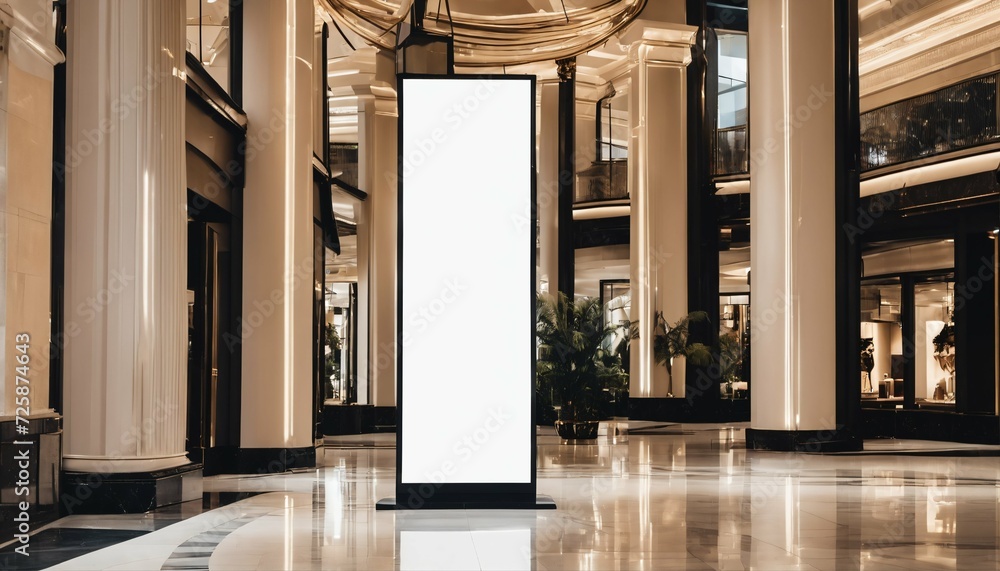 Vertical advertising sign mockup in a mall with empty display space ...
