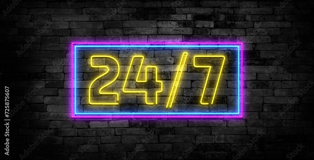 24 7 Neon Sinboard Vector. Open all day neon sign, design template ...
