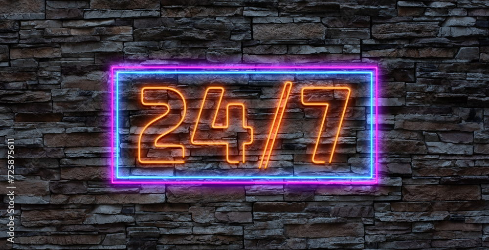 24 7 Neon Sinboard Vector. Open all day neon sign, design template ...