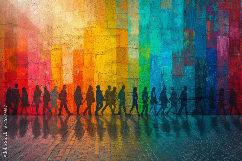 Shadows of people cast on a colorful mural, their faces hidden but ...