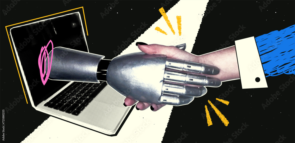 Handshake between robot and human in retro collage style. Hands with ...