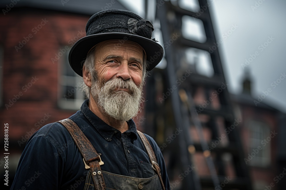bearded smiling chimney sweep in a hat at work against the background ...