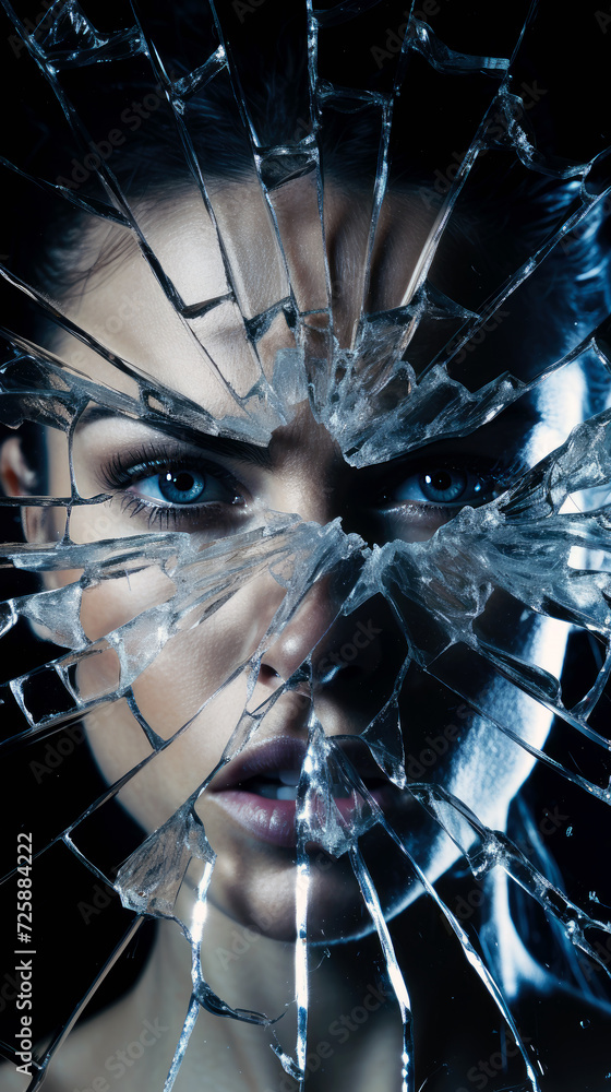 Angry sad woman looking through a broken shattered glass. Concept of ...