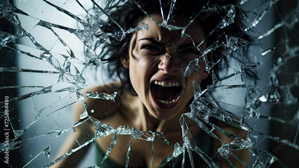 Depressed angry young woman stands behind broken glass. Sad woman ...
