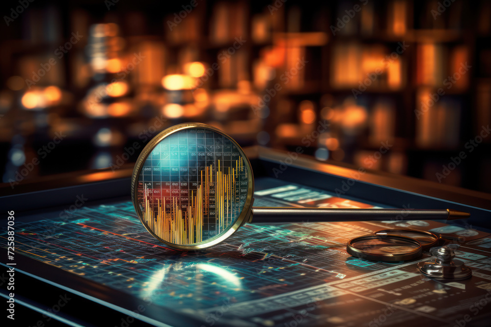 A digital illustration of a magnifying glass focusing on financial ...