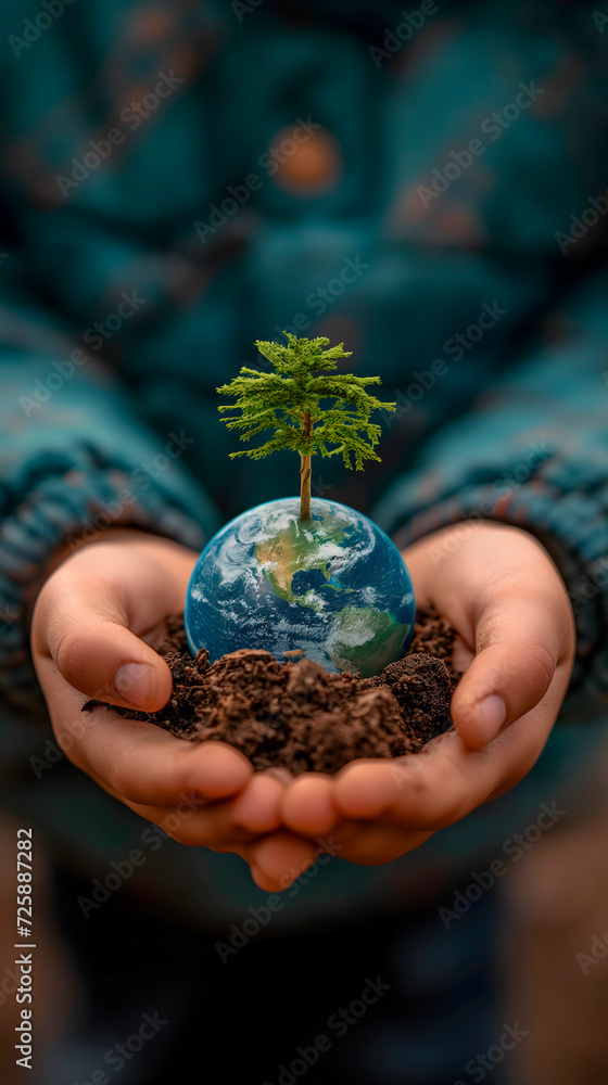 Manos de un niño sosteniendo un pequeño planeta tierra del que nace un ...