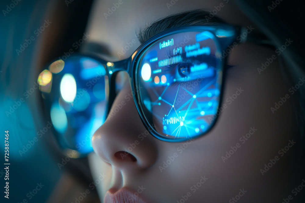 Girl works on internet. Reflection at the glasses from laptop..Close up ...