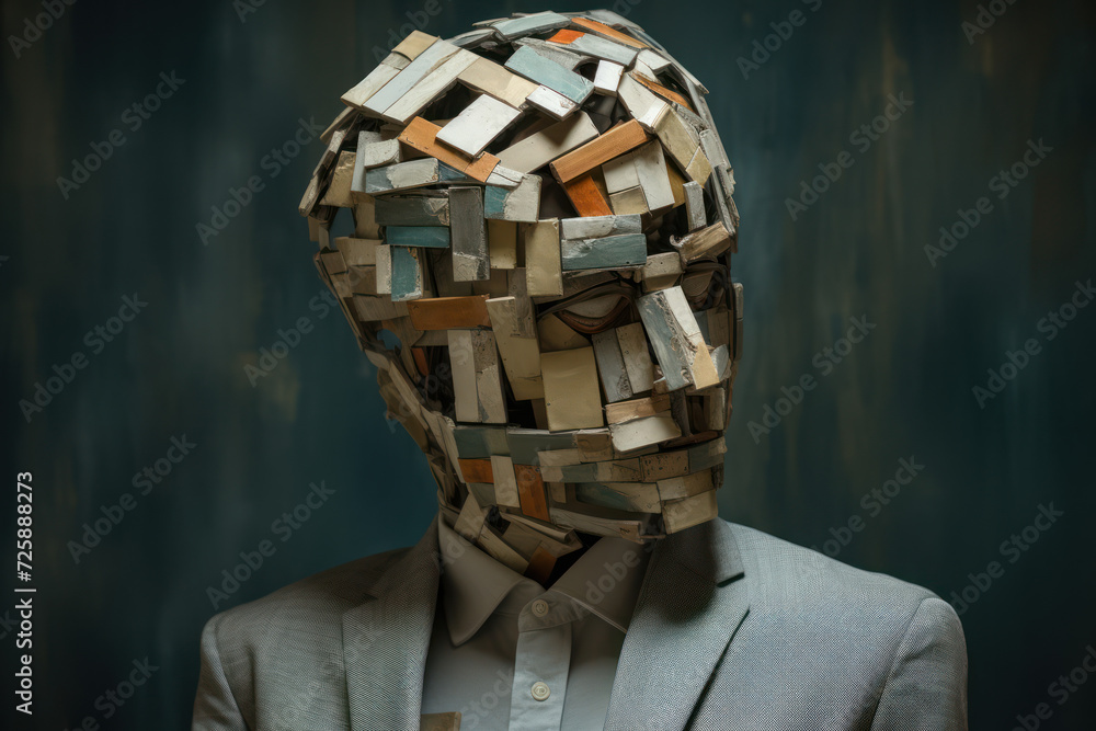 Cubist-inspired shapes converge to form a faceless person, representing ...