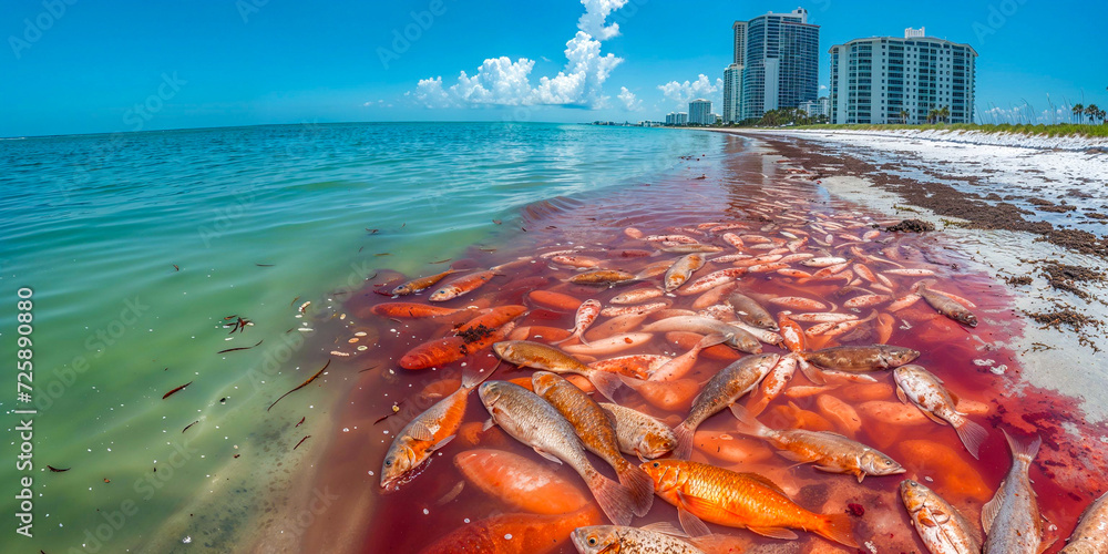 Dead fish in red tide algal bloom on the beach with condominiums in background, artist's ...
