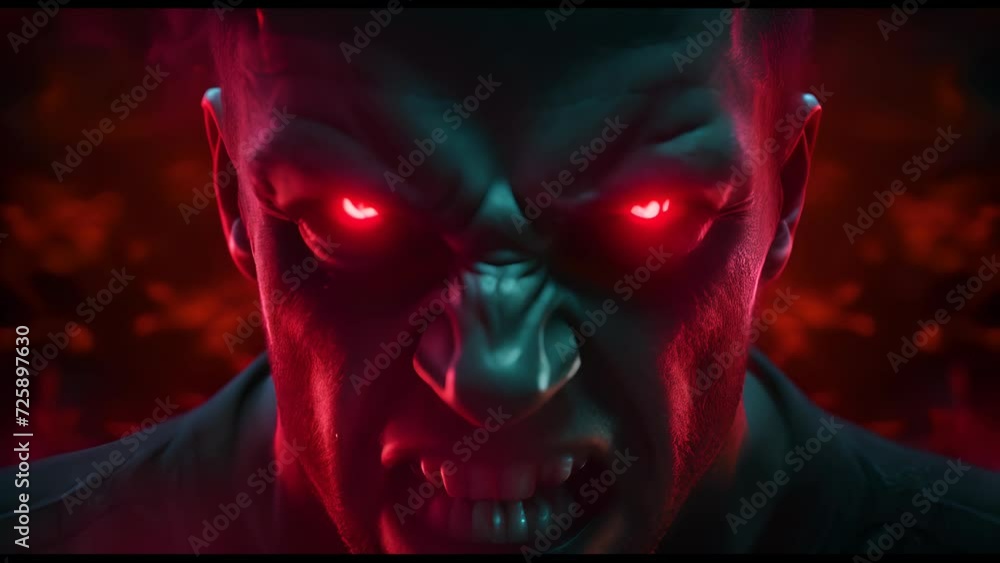 Portrait of a crazy villain with red eyes on a futuristic background ...
