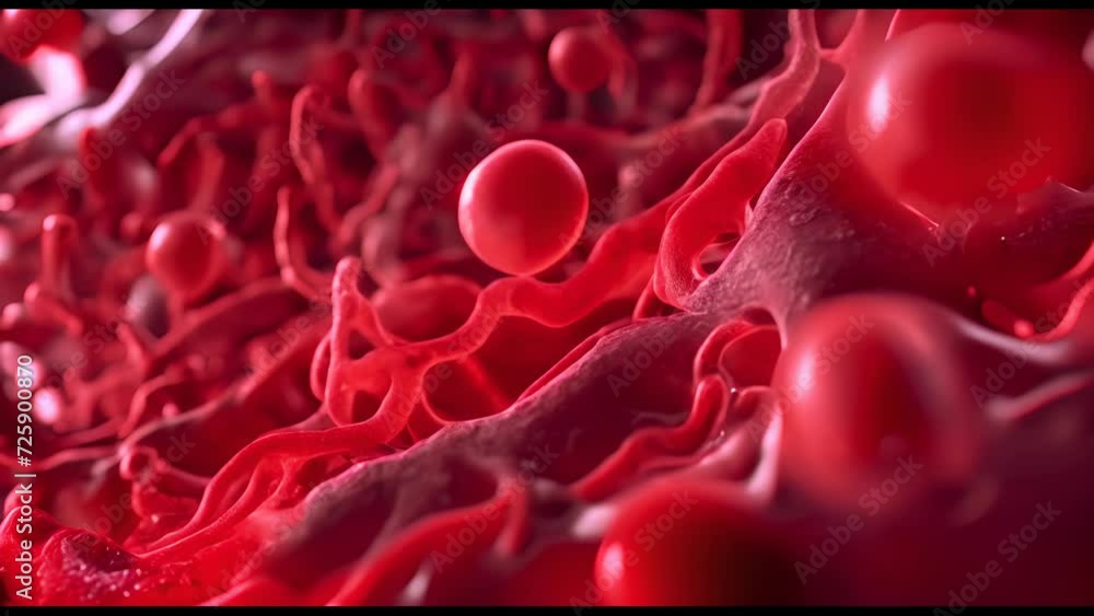 Closeup macro image of red blood cells and organic tissues. Leukocytes ...