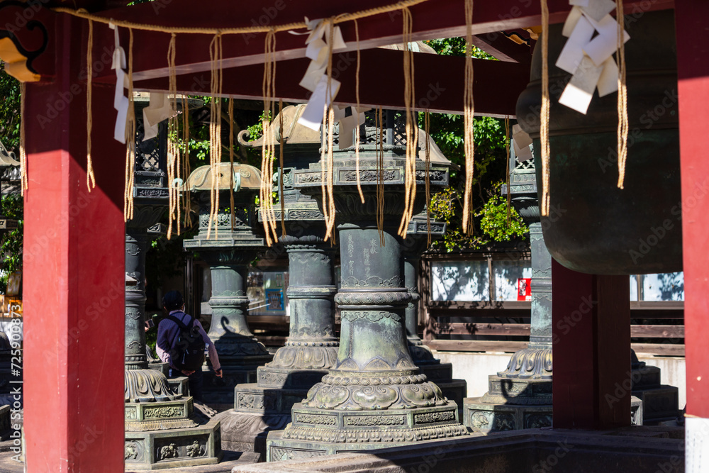 Tokyo, Japan, 30 October 2023 : Large bronze bells at a Shinto shrine ...