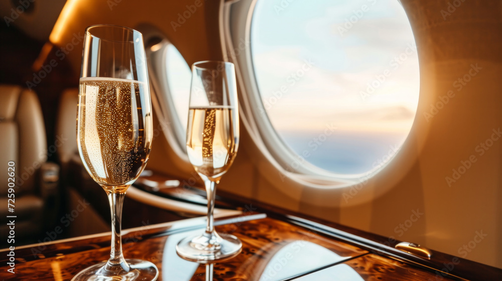 champagne on board a private jet. a flight on the board of a business ...