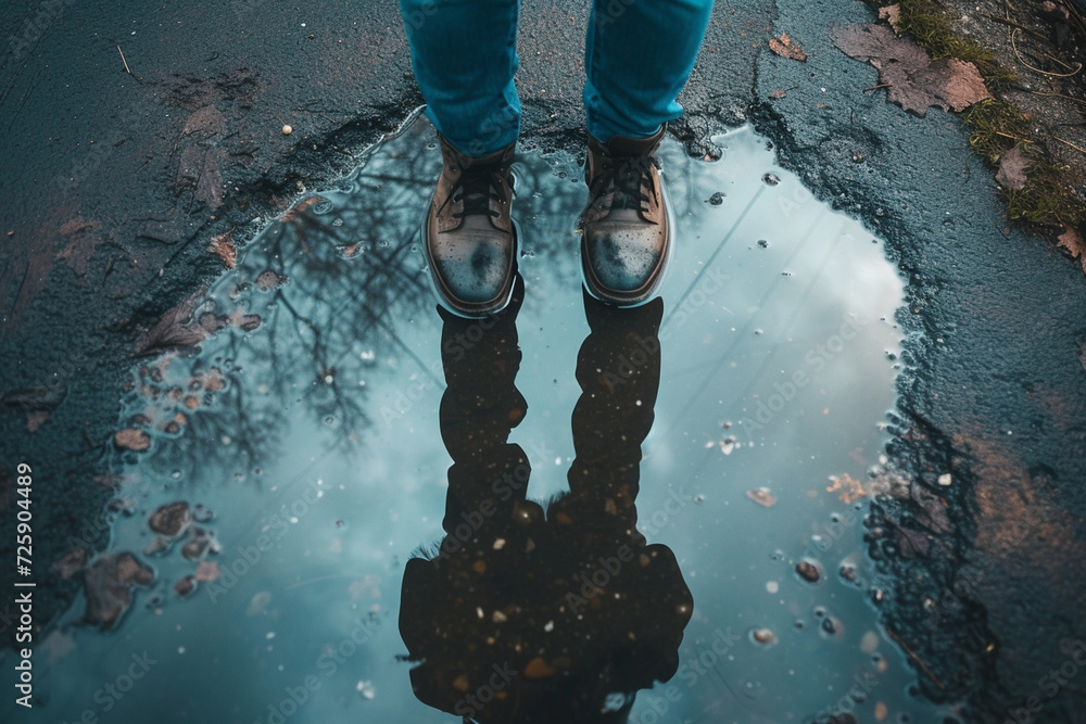 reflection of a person in a puddle, emphasizing the distorted self-perception and emotional ...