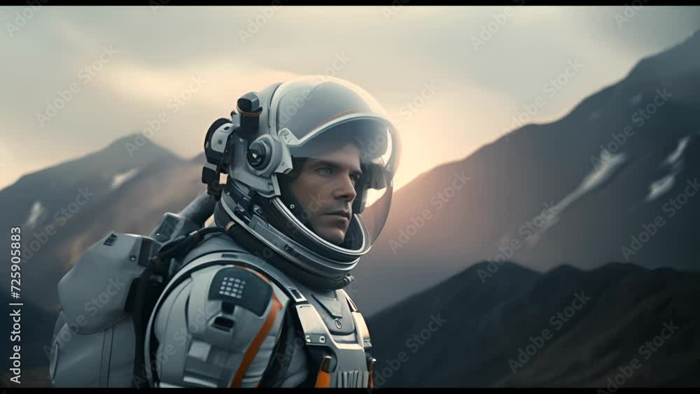 Astronaut exploring an exoplanet. Sci-fi colonist in spacesuit walks on ...