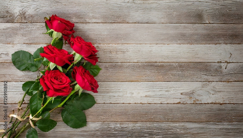 Bouquet de roses rouges, romantique sur un fond de planches en bois ...