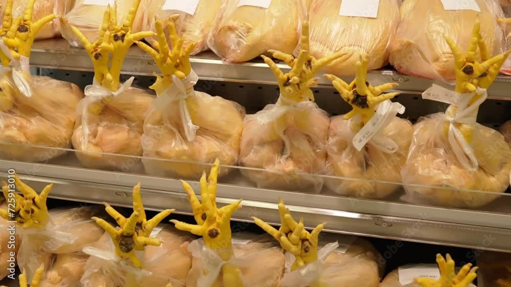In store, market or supermarket, there are chickens on counter with ...