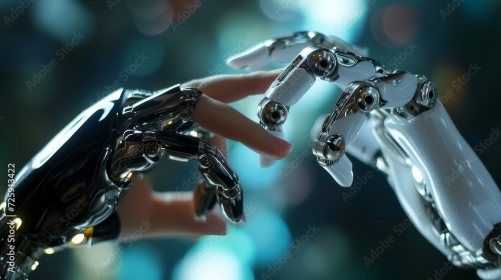 Conceptual image of a human finger delicately touching a robot's ...