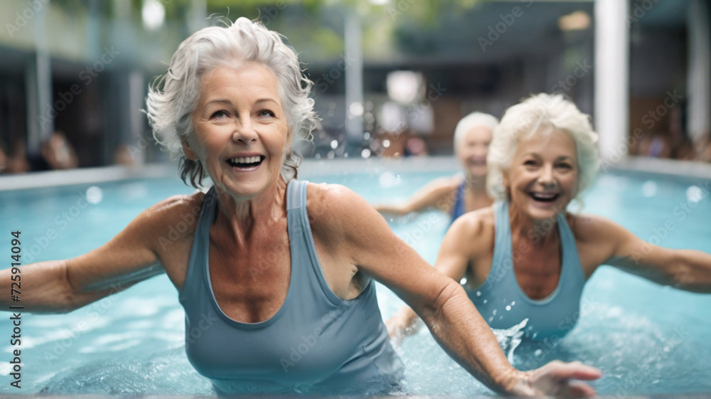 Active mature woman in 60s enjoying aqua gym class, maintaining a ...