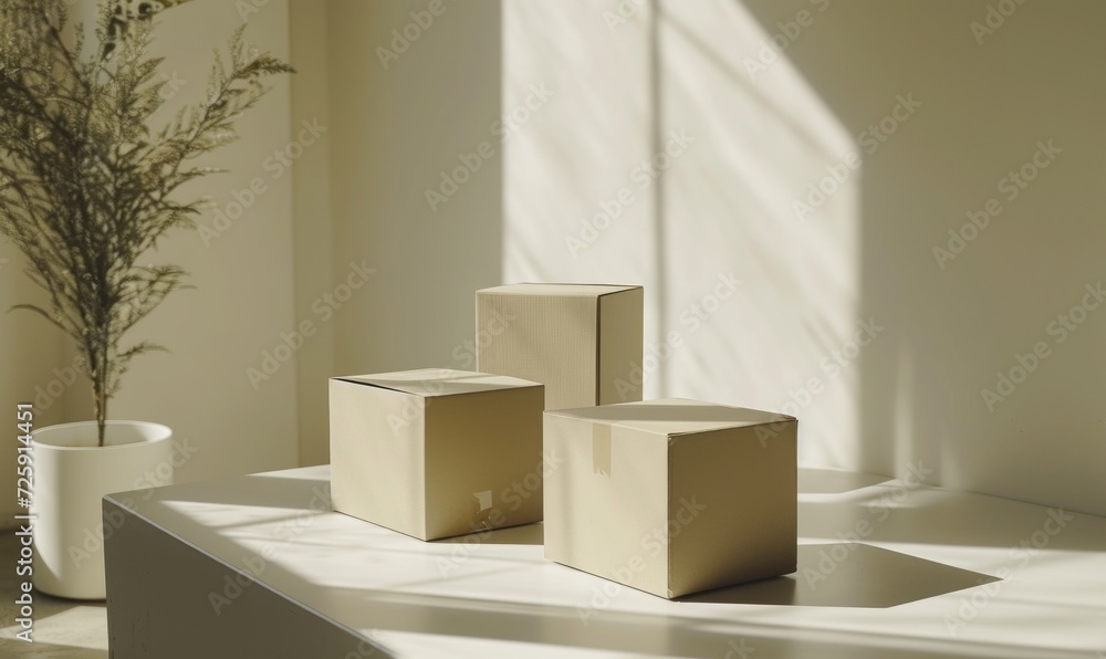 Cardboard boxes on a white table in a light room with green plants ...