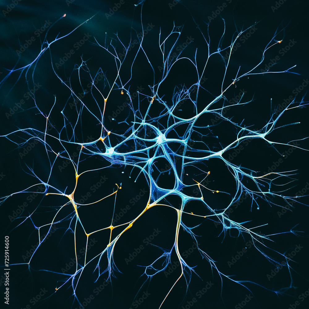 Neural network - images of neural cells. Synapse on a black background ...