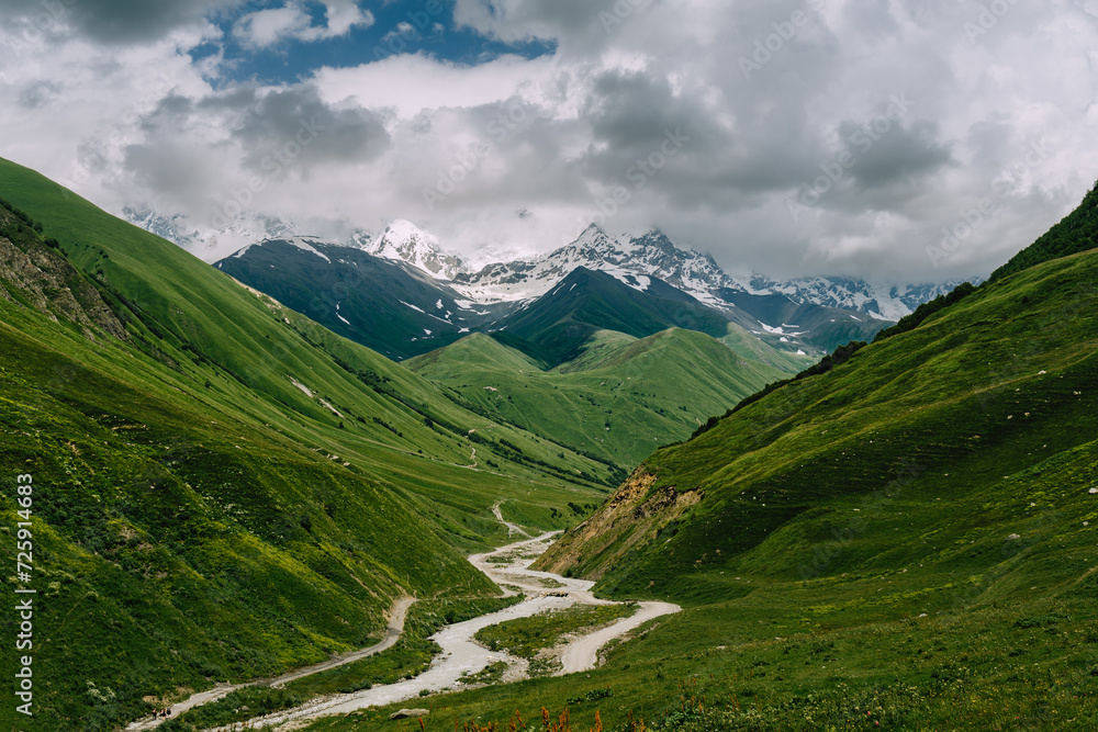 View to the valley of Shkhara, the highest mountain in Georgia. Enguri ...