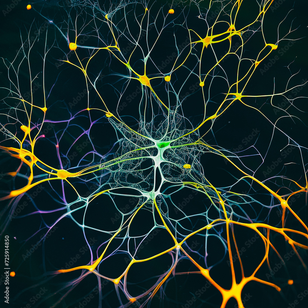 Neural network - images of neural cells. Synapse on a black background ...